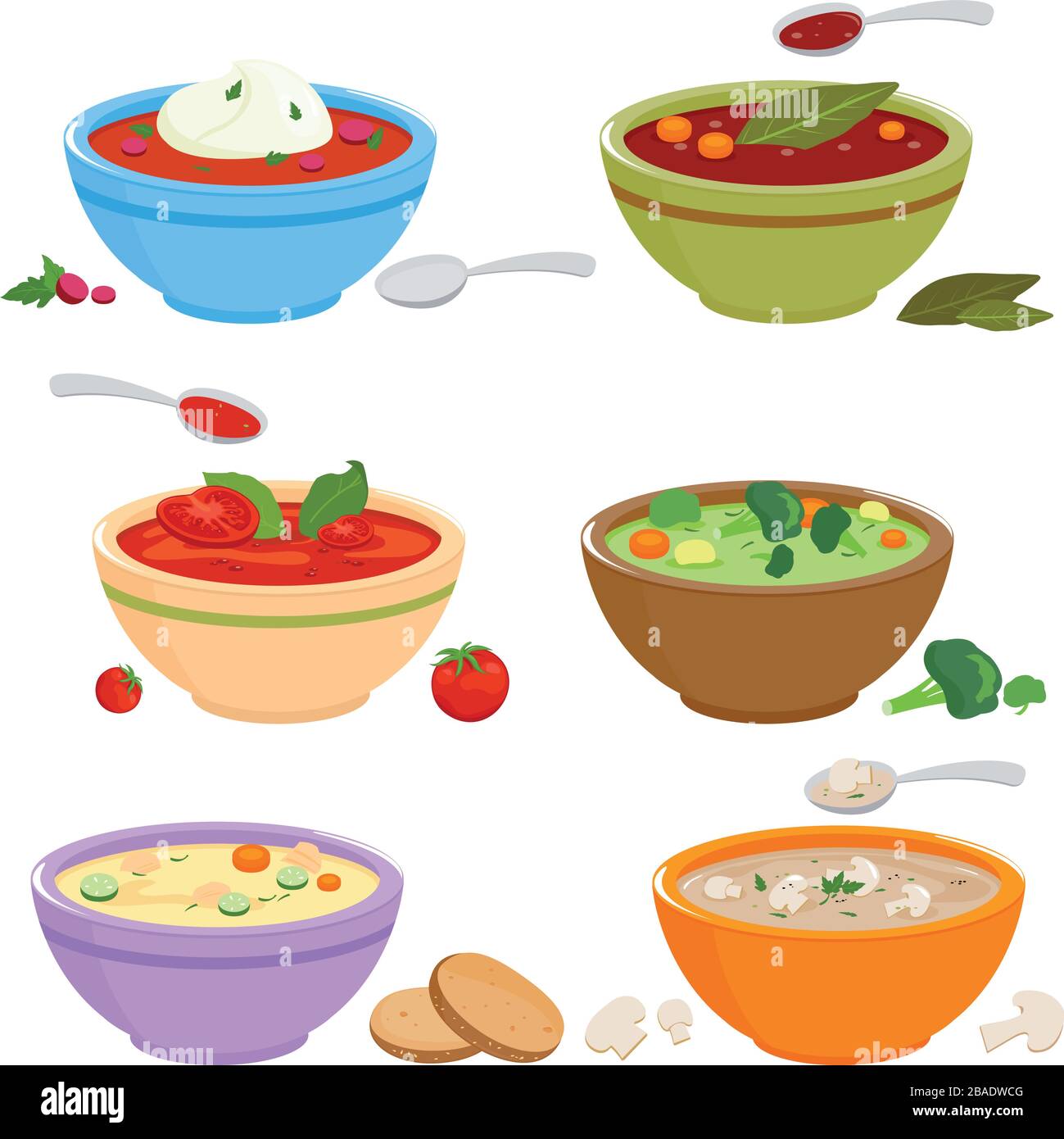 Collection de bols de différents types de soupe. Illustration ...