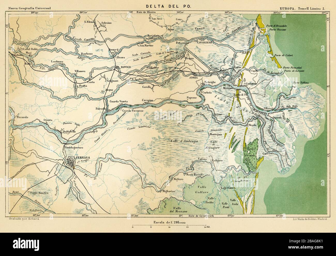 Carte des couleurs du XIXe siècle ancien du delta du po en Italie, en ...