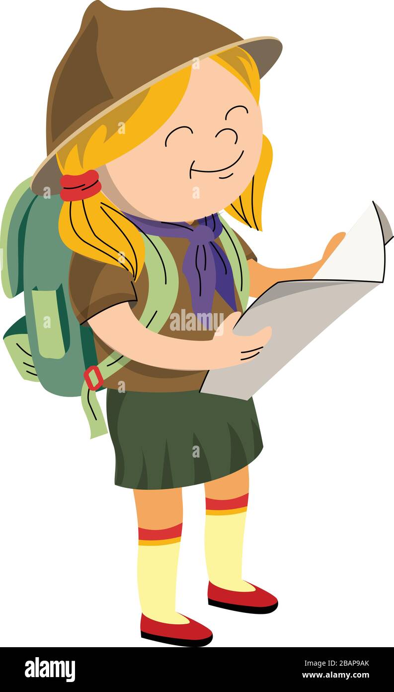 Scout Girl avec icône de carte. Dessin animé de la jeune fille scout ...