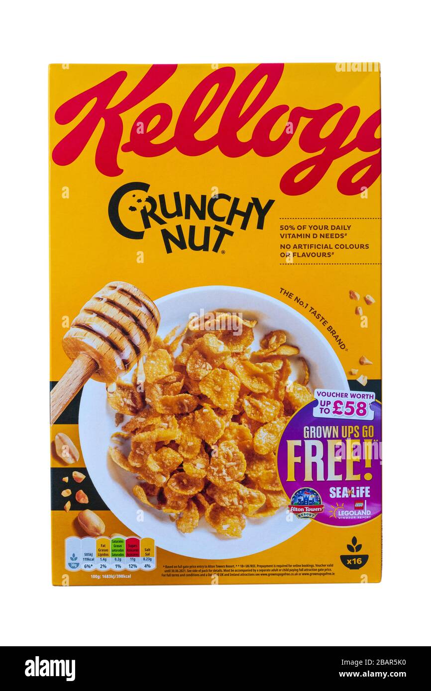 Boîte de céréales Kellogg Crunchy Nut isolée sur fond blanc - céréales ...