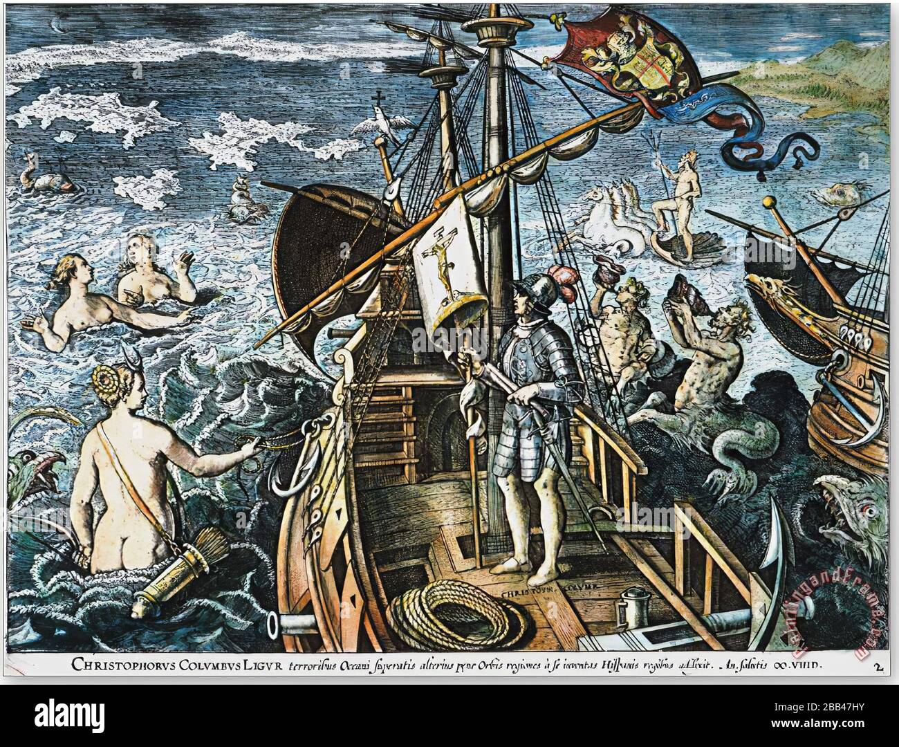 Christophe Colomb débarque sur l'île d'Hispaniola, gravure, 1728 Photo ...