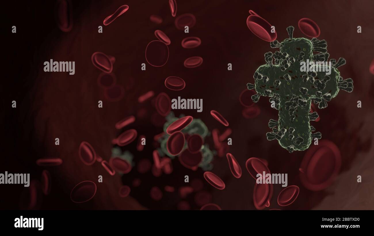 Vue de rendu microscopique du virus en forme de symbole de la croix ...