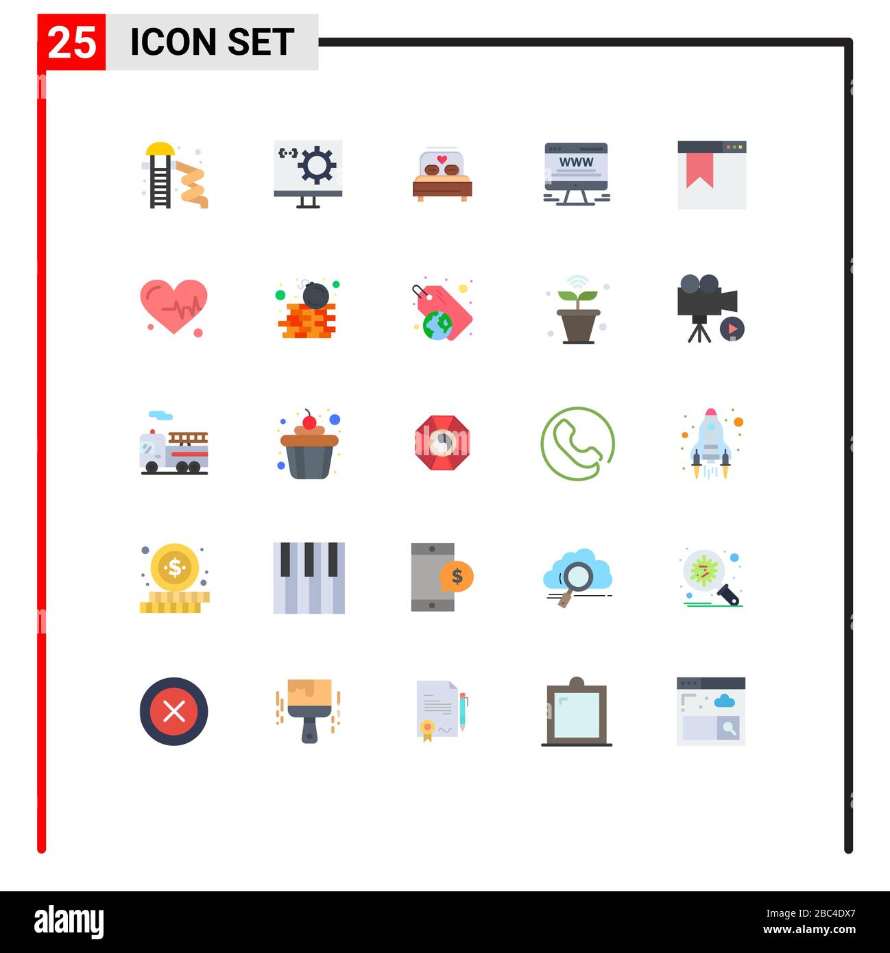 Jeu de 25 pictogrammes simples couleurs plates des signets, du tableau ...