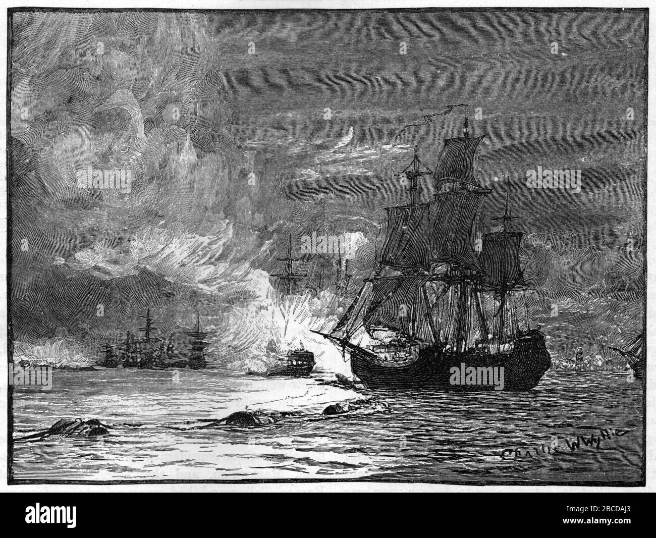 HMS Mediator brisant le boom à l'Ile d'Aix pour permettre aux navires ...