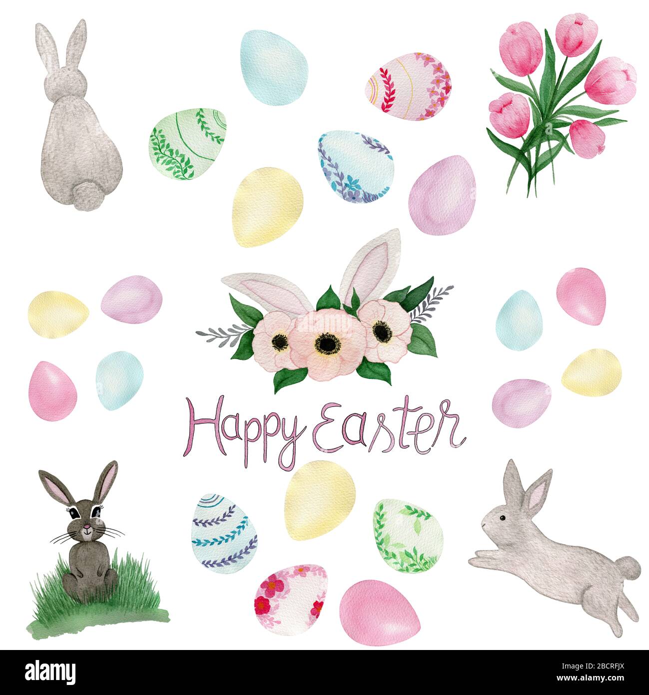 Aquarelle Easter clip art avec œufs, lapin de Pâques et fleurs de ...
