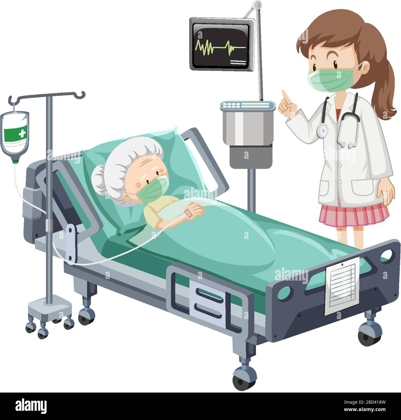 Scène hospitalière avec patient malade au lit sur fond blanc ...