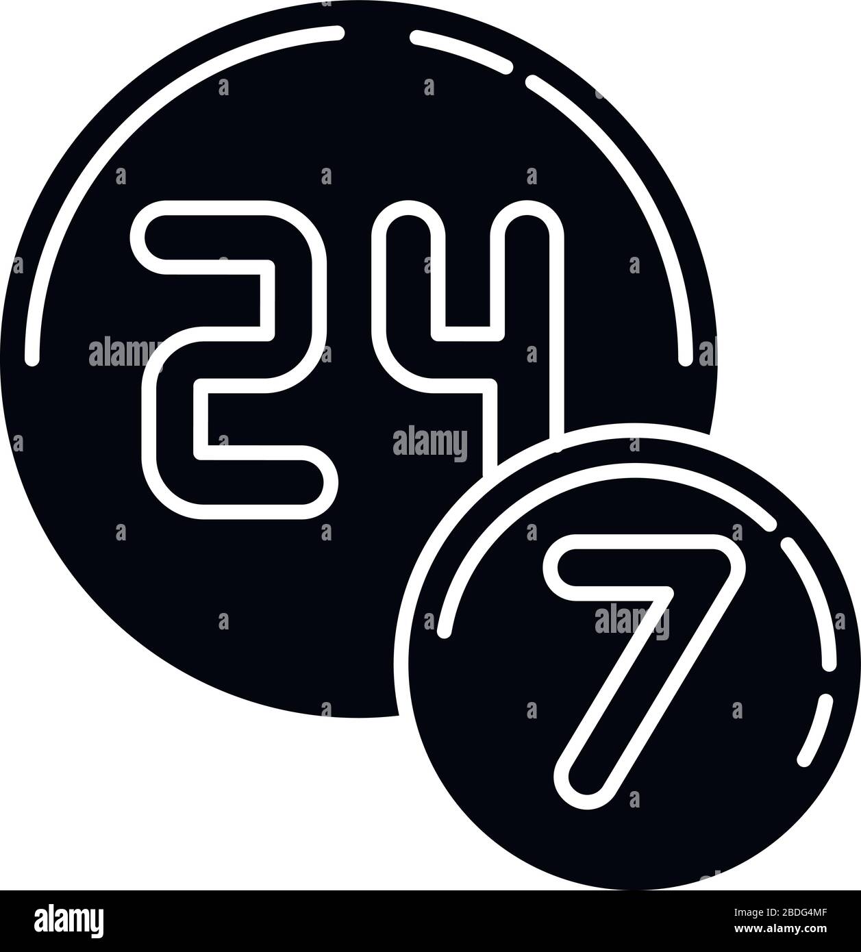 24 7 symbole de glyphe noir de badge circulaire. Panneau rond de vingt ...