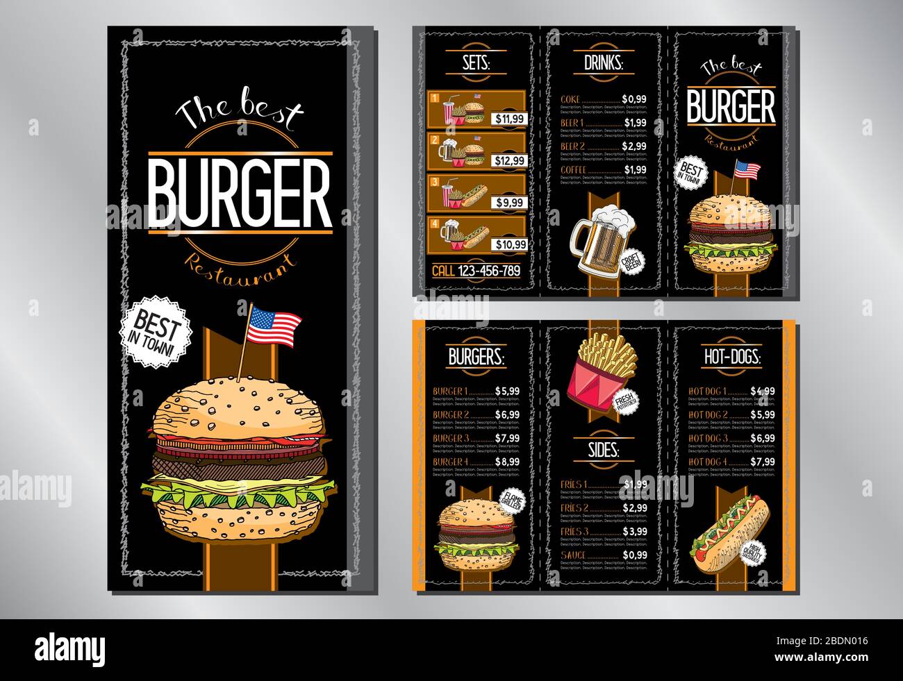Menu du bar Burger/modèle de prospectus (hamburgers, frites, hot-dogs ...