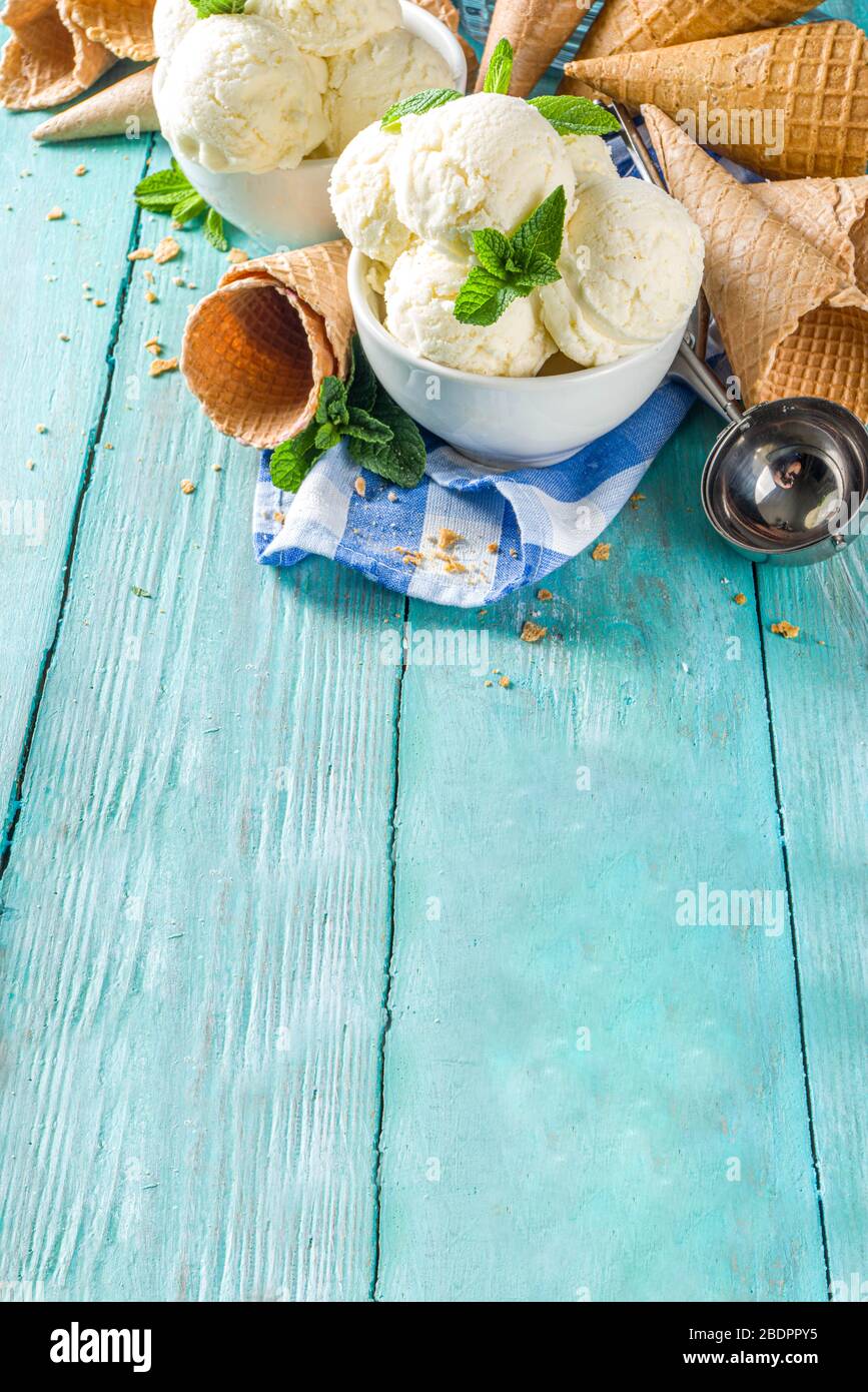 Boules de glace à la vanille blanche maison avec feuilles de menthe ...
