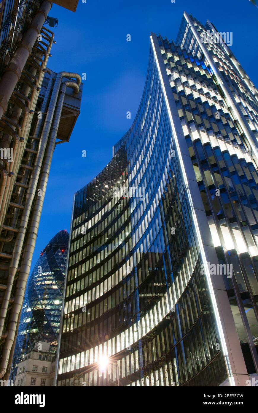 Blue Curved Stepped Skyscraper Highrise Tower Lime Street Lights Dark ...