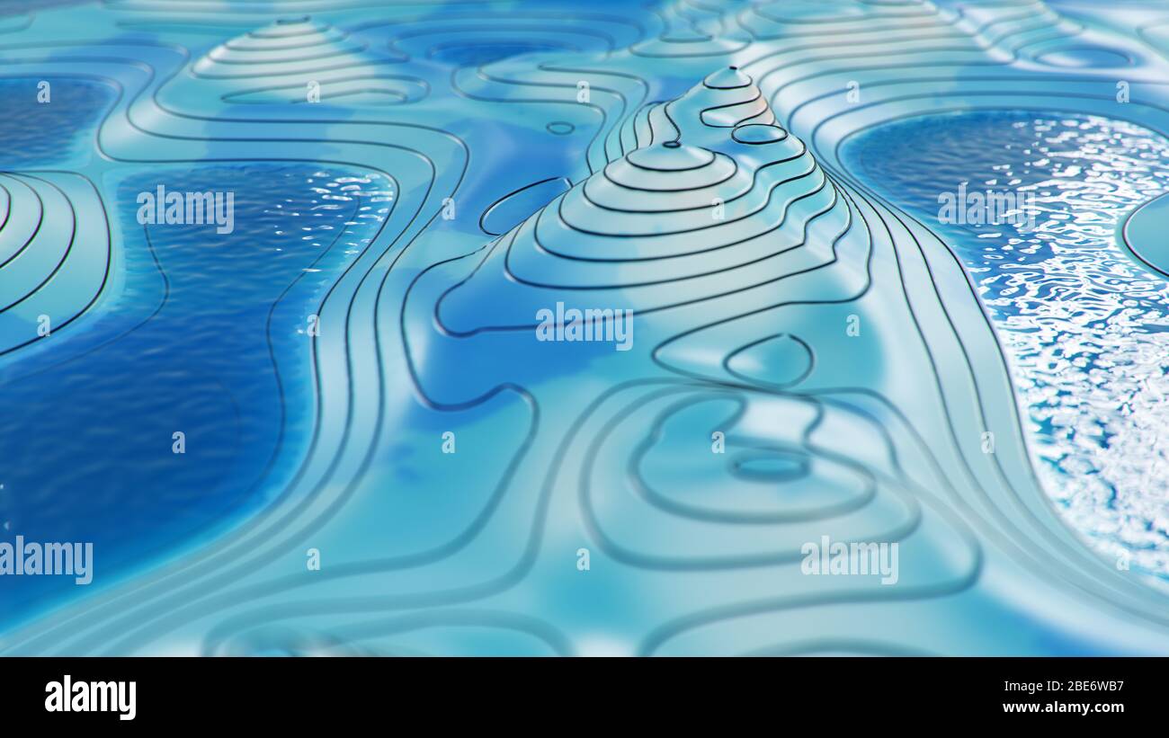 Carte topographique en relief avec eau. Lignes de contour sur une carte ...