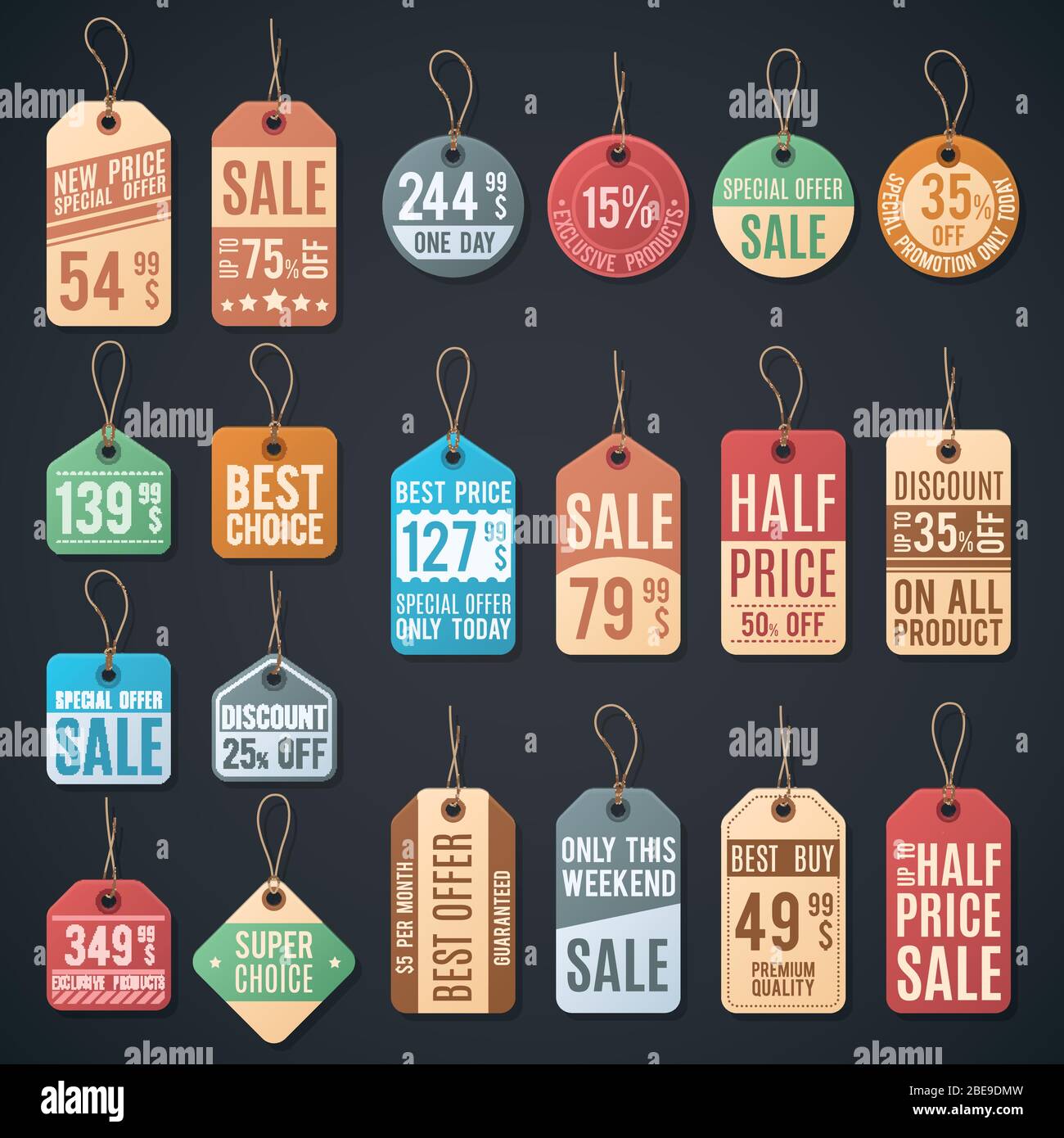 Étiquettes de prix et étiquettes de vente avec fil. Carte de réduction ...