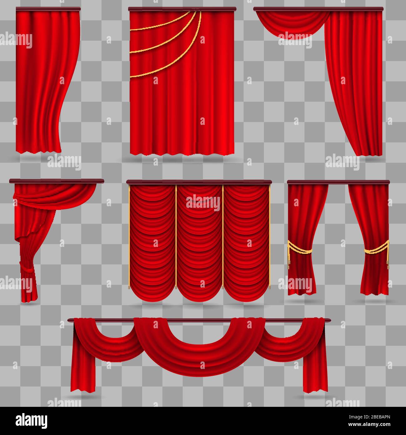 Rideaux réalistes en velours rouge, draperie de théâtre écarlate isolée ...
