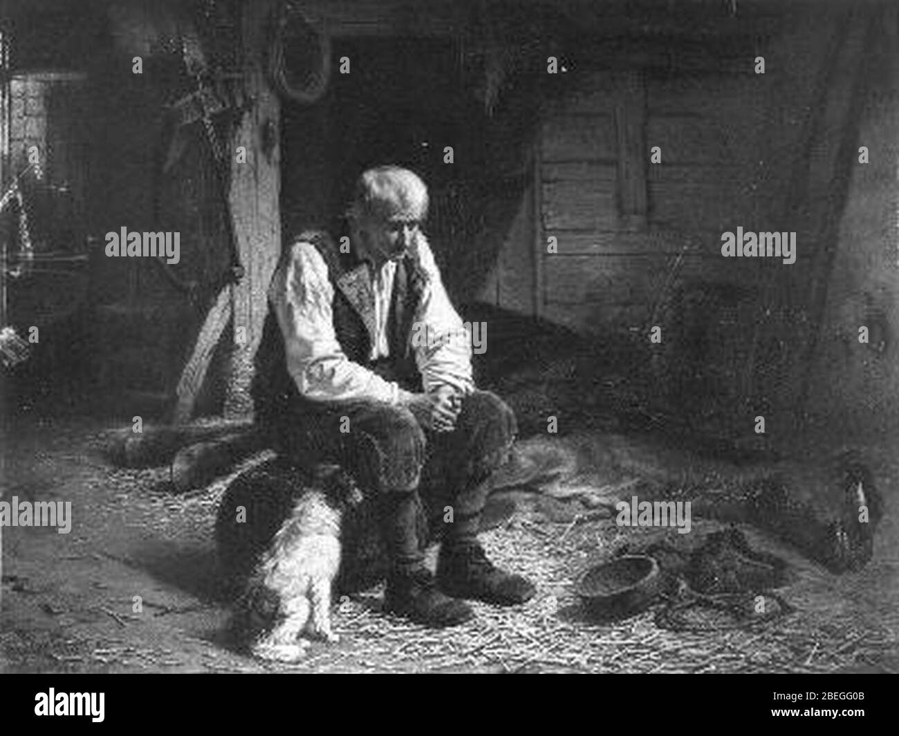 Hendrik Jacobus Scholten - in een stal zit een oude Schuitenjager bij ...