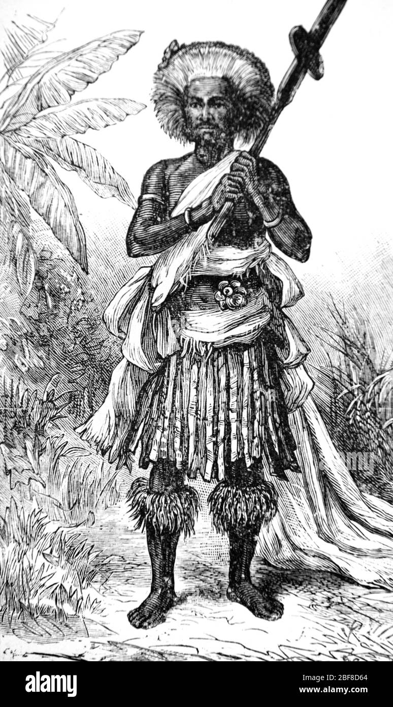 Fijian Warrior portant une robe Fijian traditionnelle Fidji, Melanesia ...