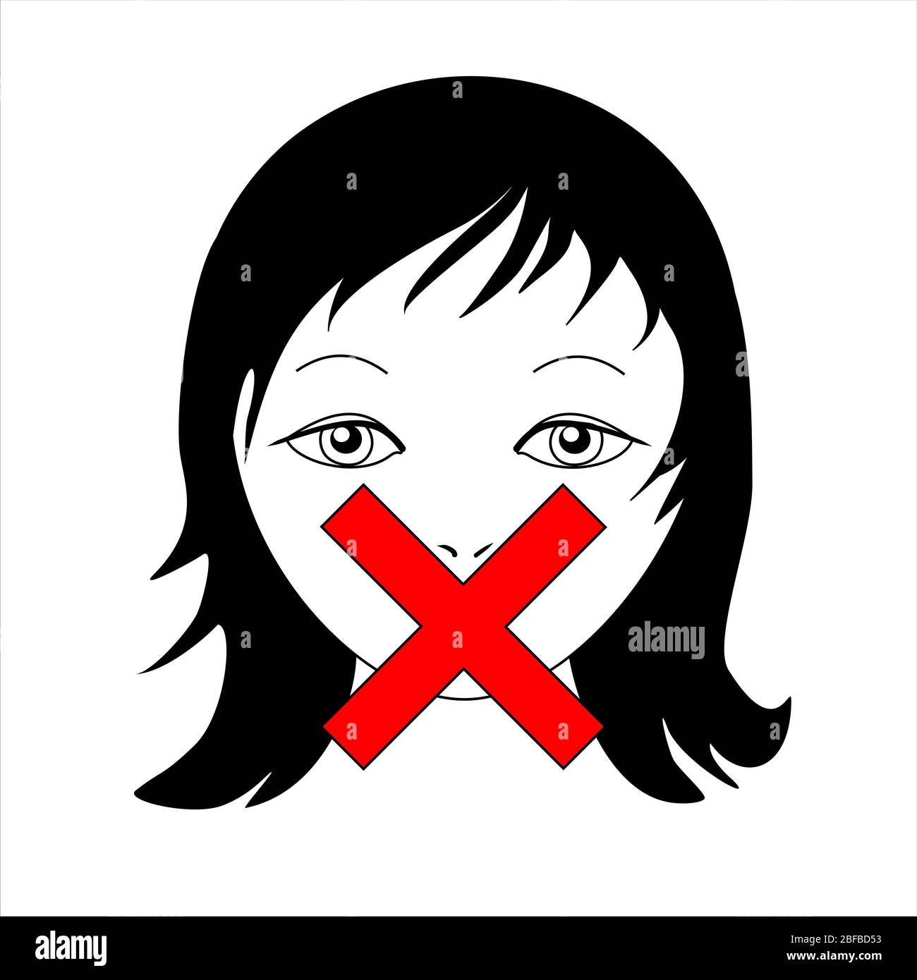 Visage d'une femme. Tête de la femme avec la bouche barrée. Croix rouge ...