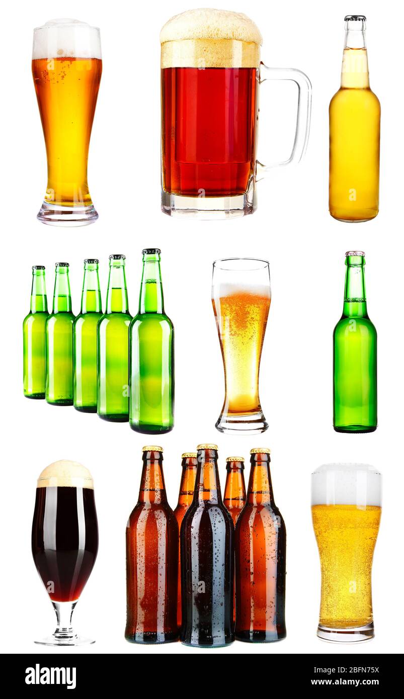 Différents types de bière dans les verres et les bouteilles, isolés sur ...