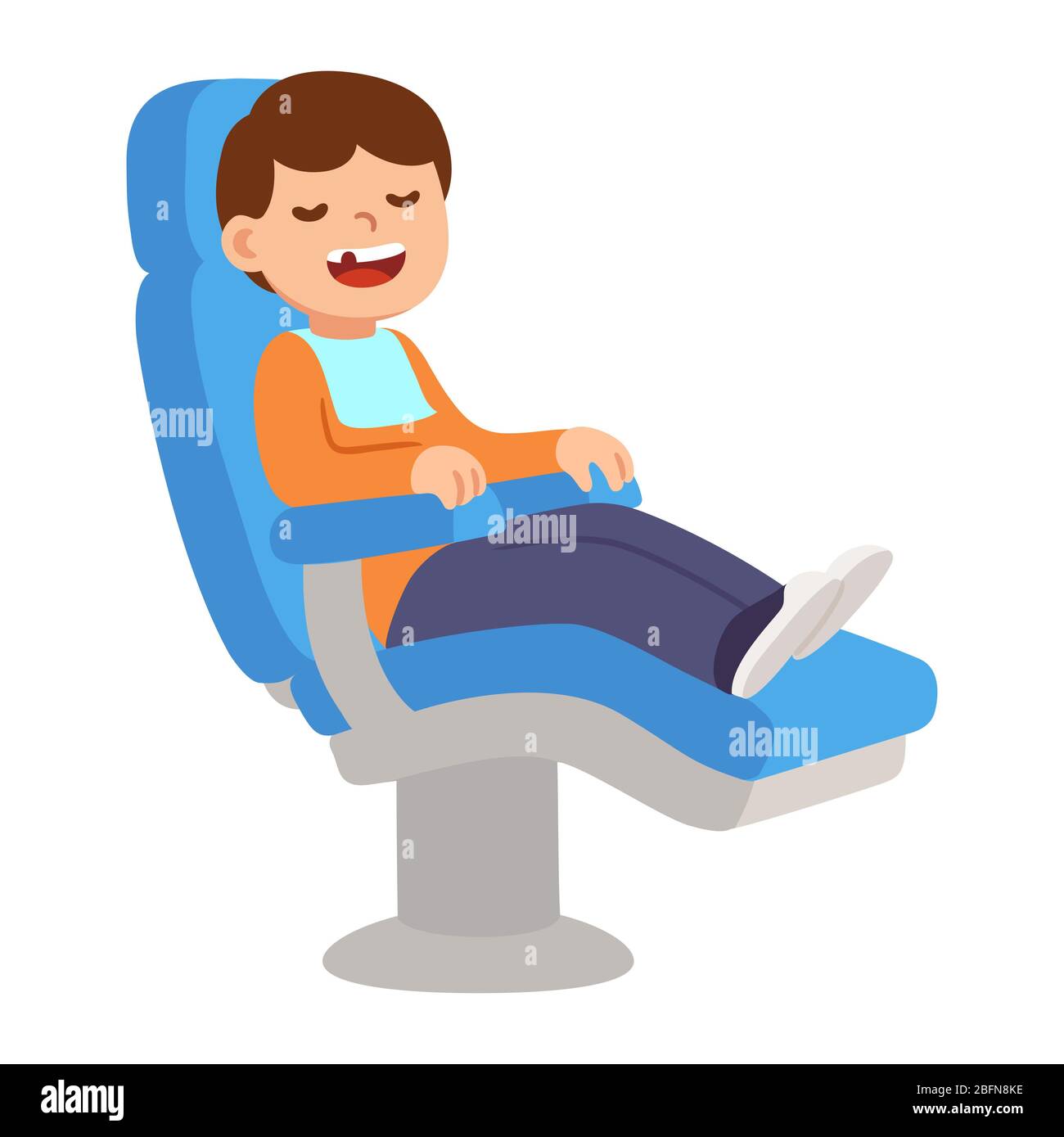 Joli garçon de dessin animé assis dans une chaise dentaire avec bouche ...