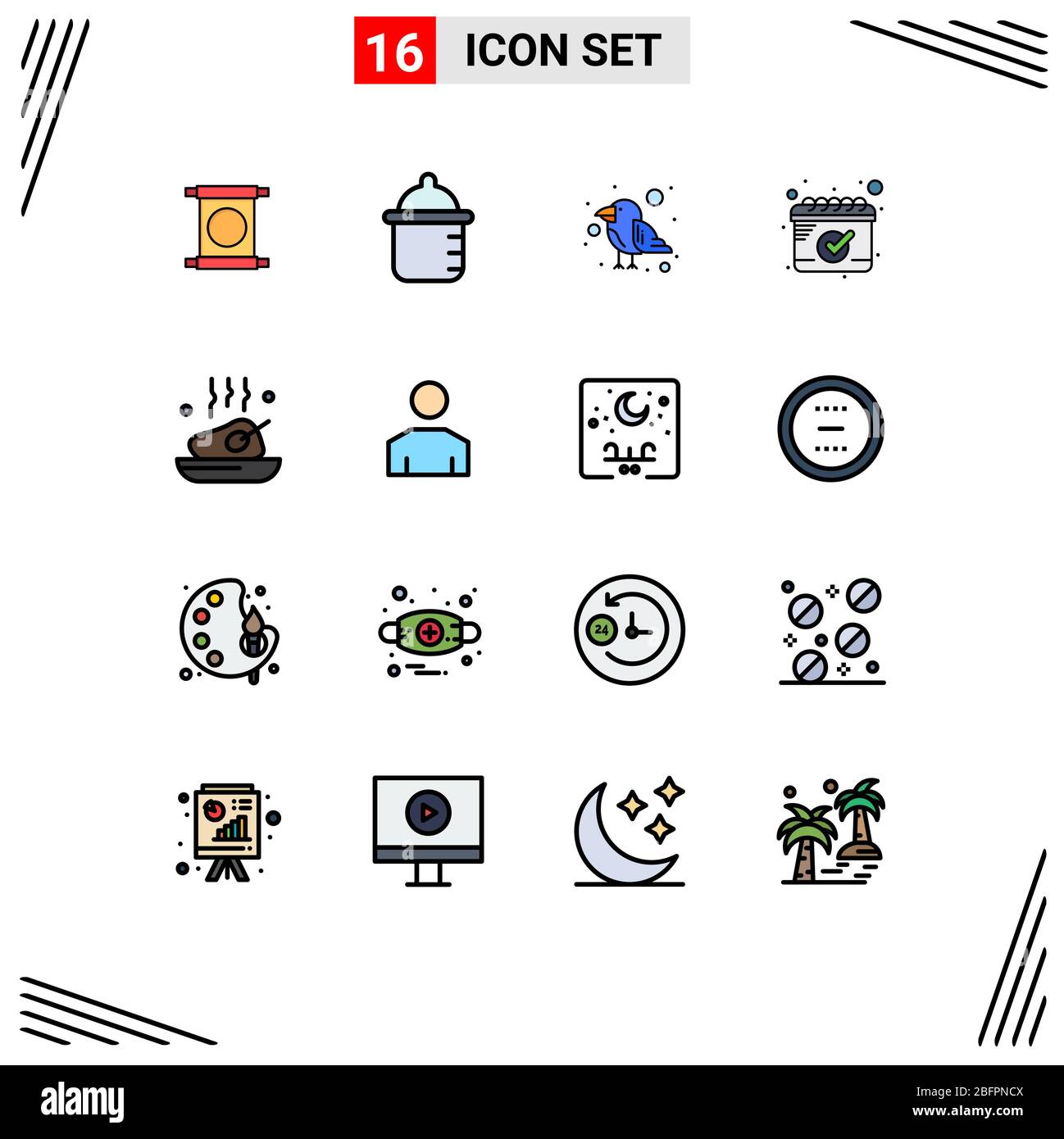 Jeu de 16 pictogrammes simples plats remplis de lignes de repas, dîner ...