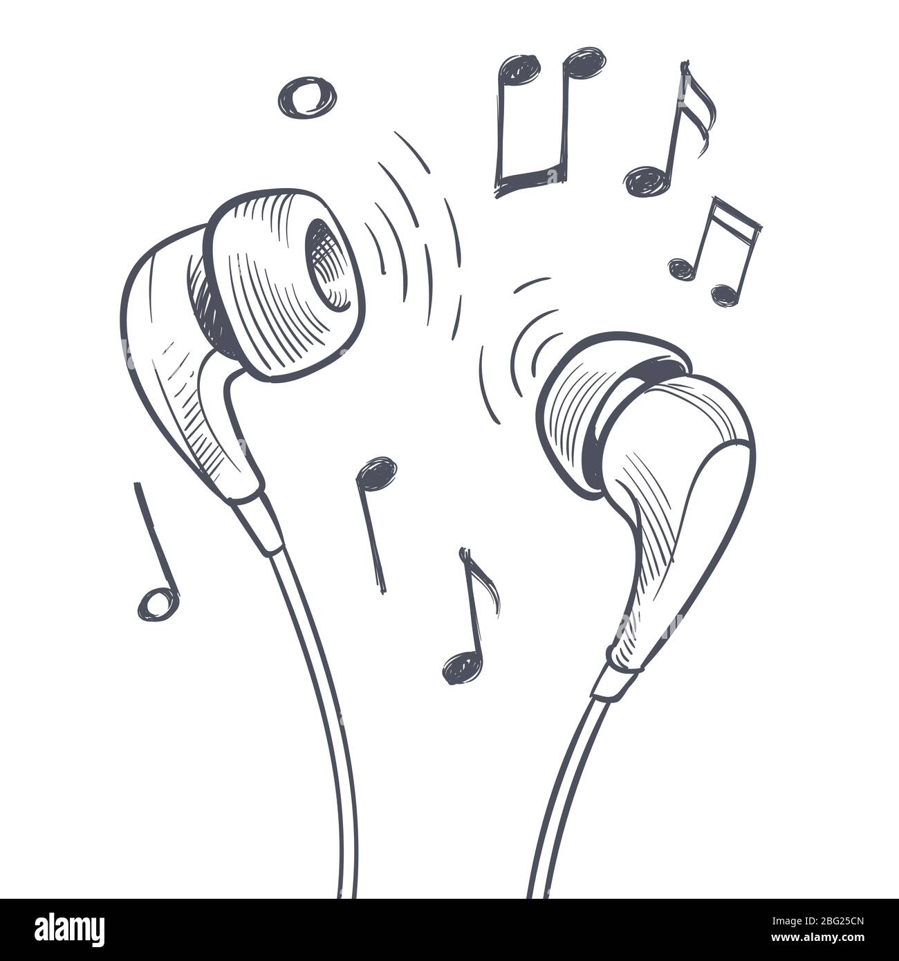 Les écouteurs et les notes musicales dessinés à la main dooent le ...