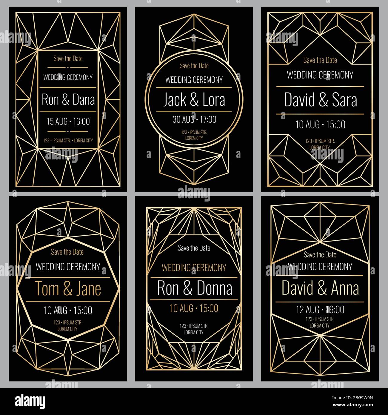 Cartes d'invitation de mariage élégantes avec cadres géométriques dorés ...