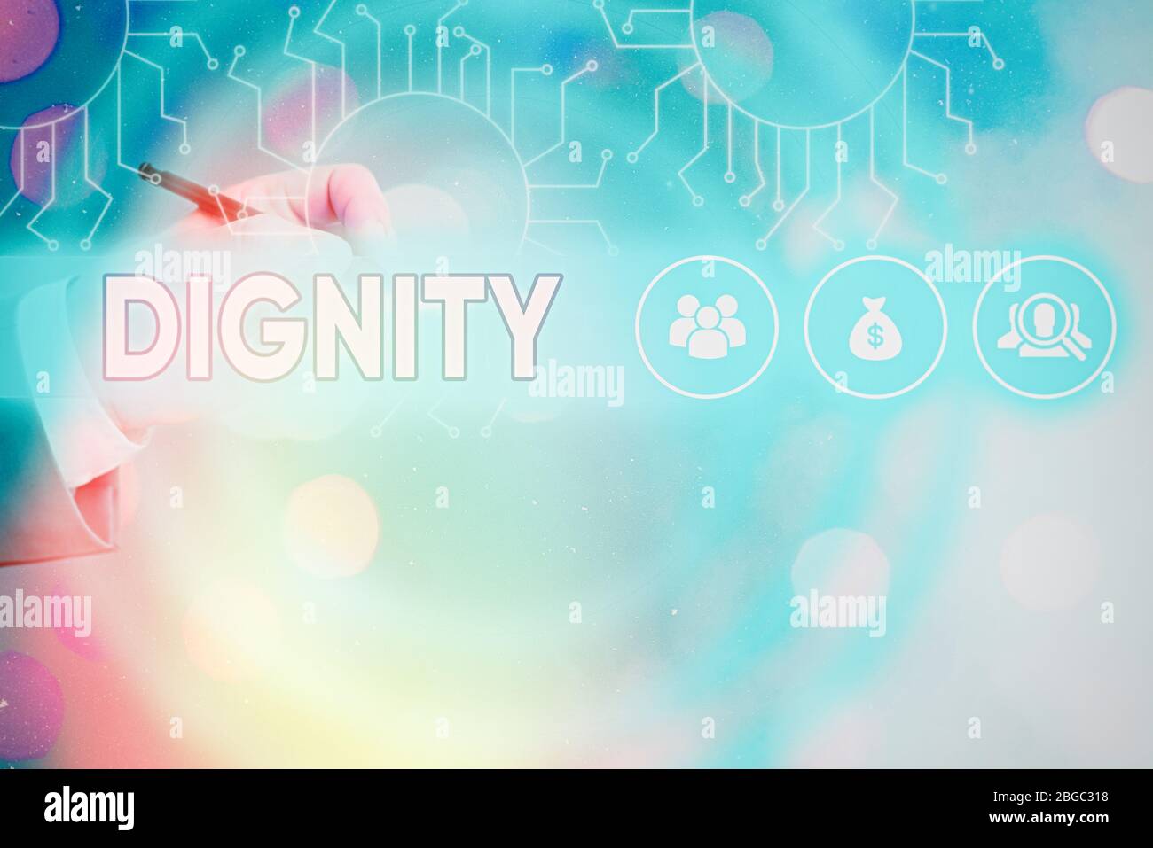 Écriture conceptuelle de la main montrant La Dignité. Concept signification qualité Digne d ...