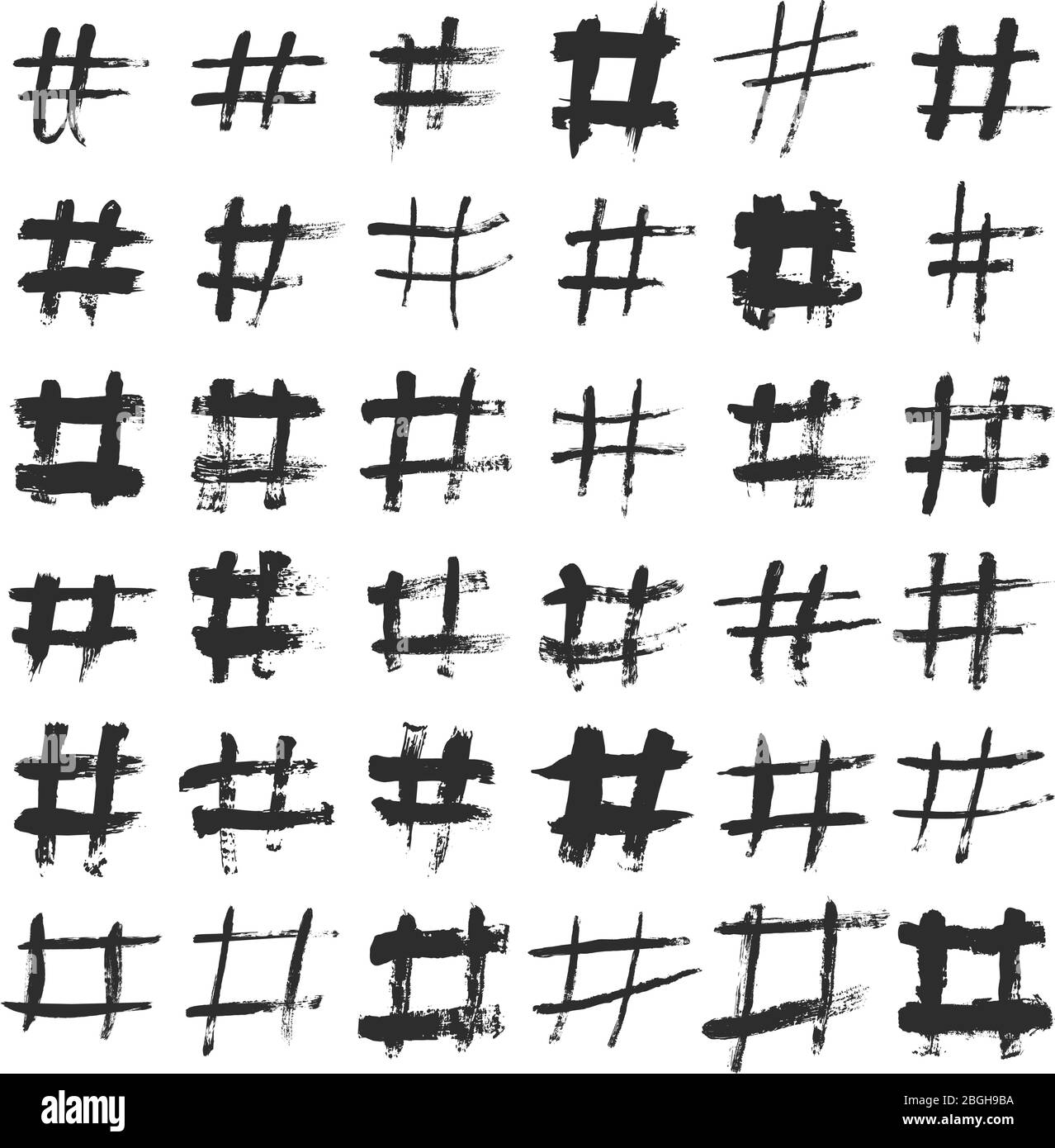 Hashtag et les symboles noirs brossés à l'encre numérique. Signe ...