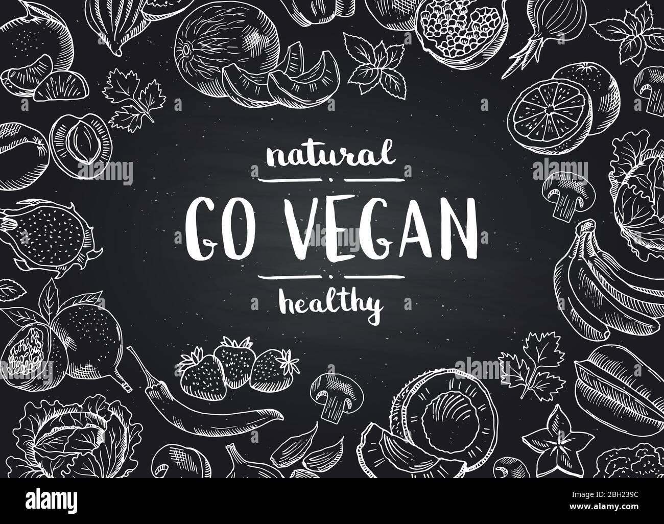 Vector Go vegan fond de tableau noir avec des fruits et légumes ...