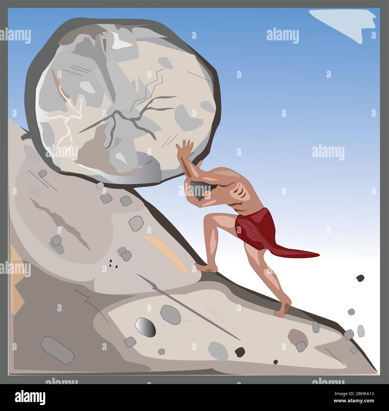 Sisyphus un homme mythique musclé pousse une grosse roche ou une grosse ...