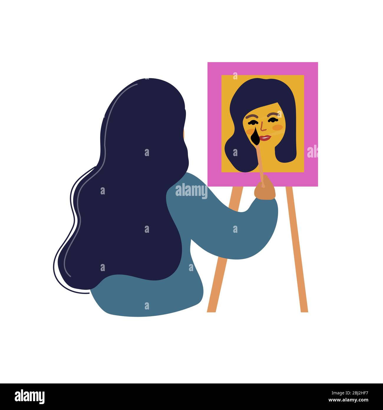 Fille artiste dessine un auto-portrait. Femme apprenant à dessiner à la ...