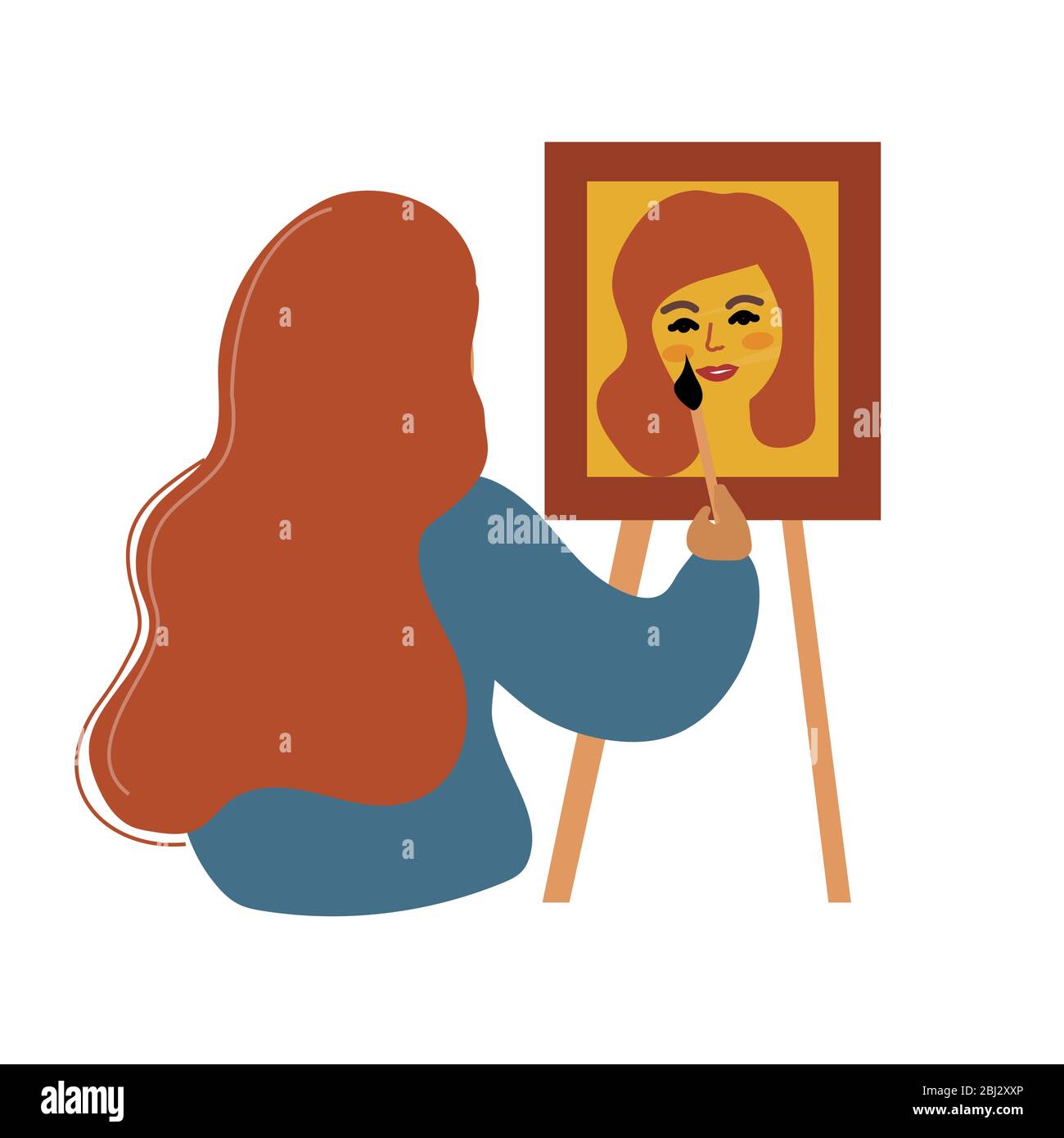 Fille artiste dessine un auto-portrait. Femme apprenant à dessiner à la ...