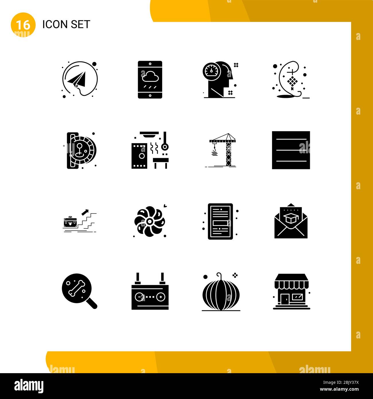 Jeu de glyphes solides d'interface mobile de 16 pictogrammes de fun ...