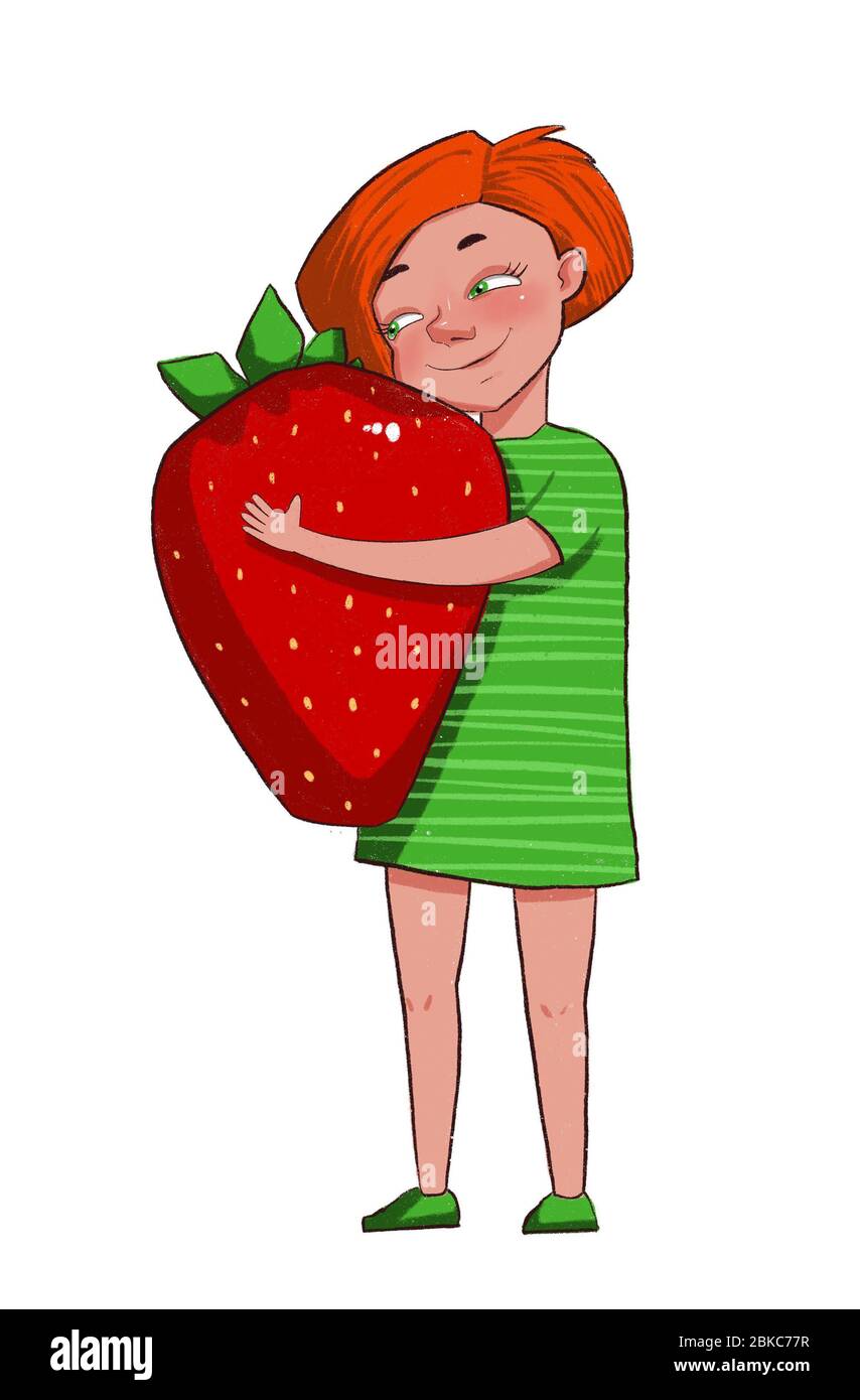 La fille hople une grande fraise. Les enfants adorent les baies douces ...
