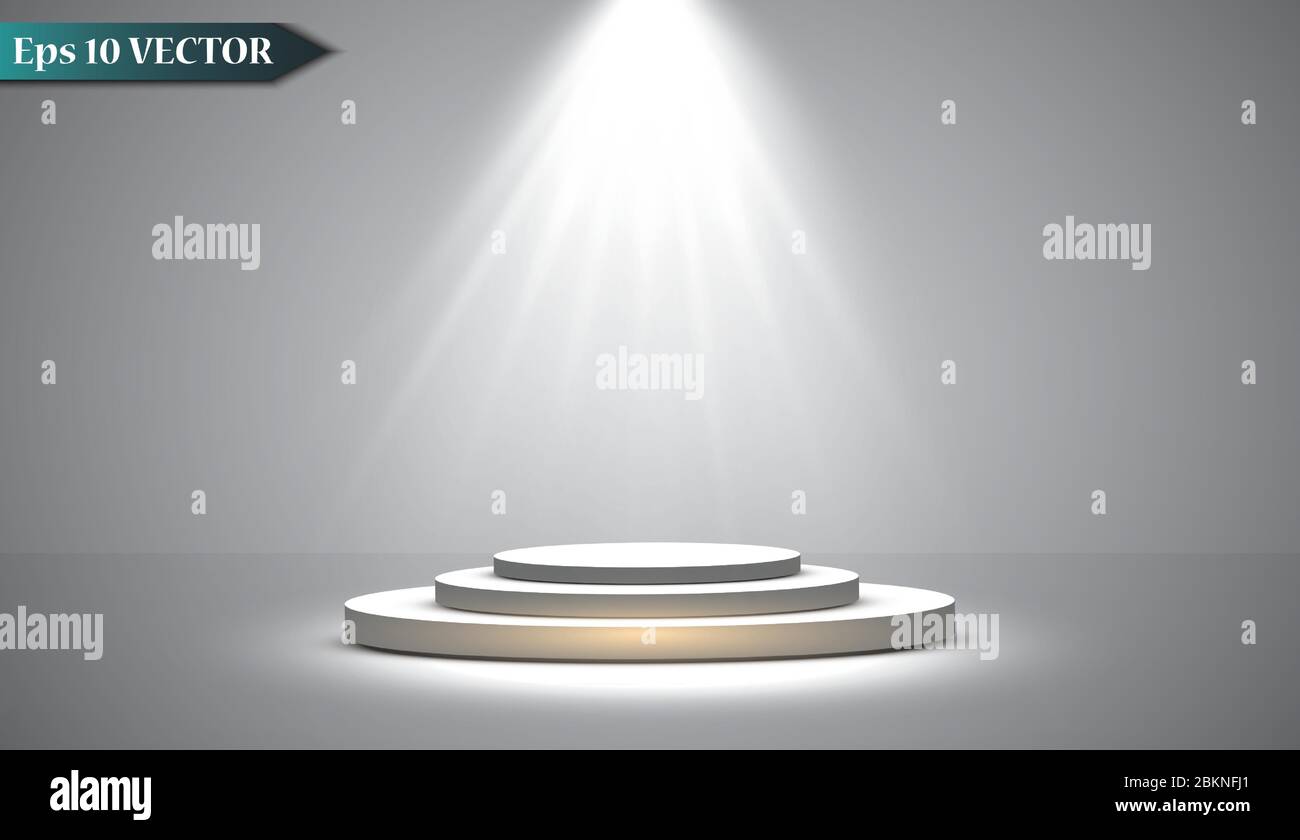 Podium rond, socle ou plate-forme éclairé par des spots sur fond blanc ...