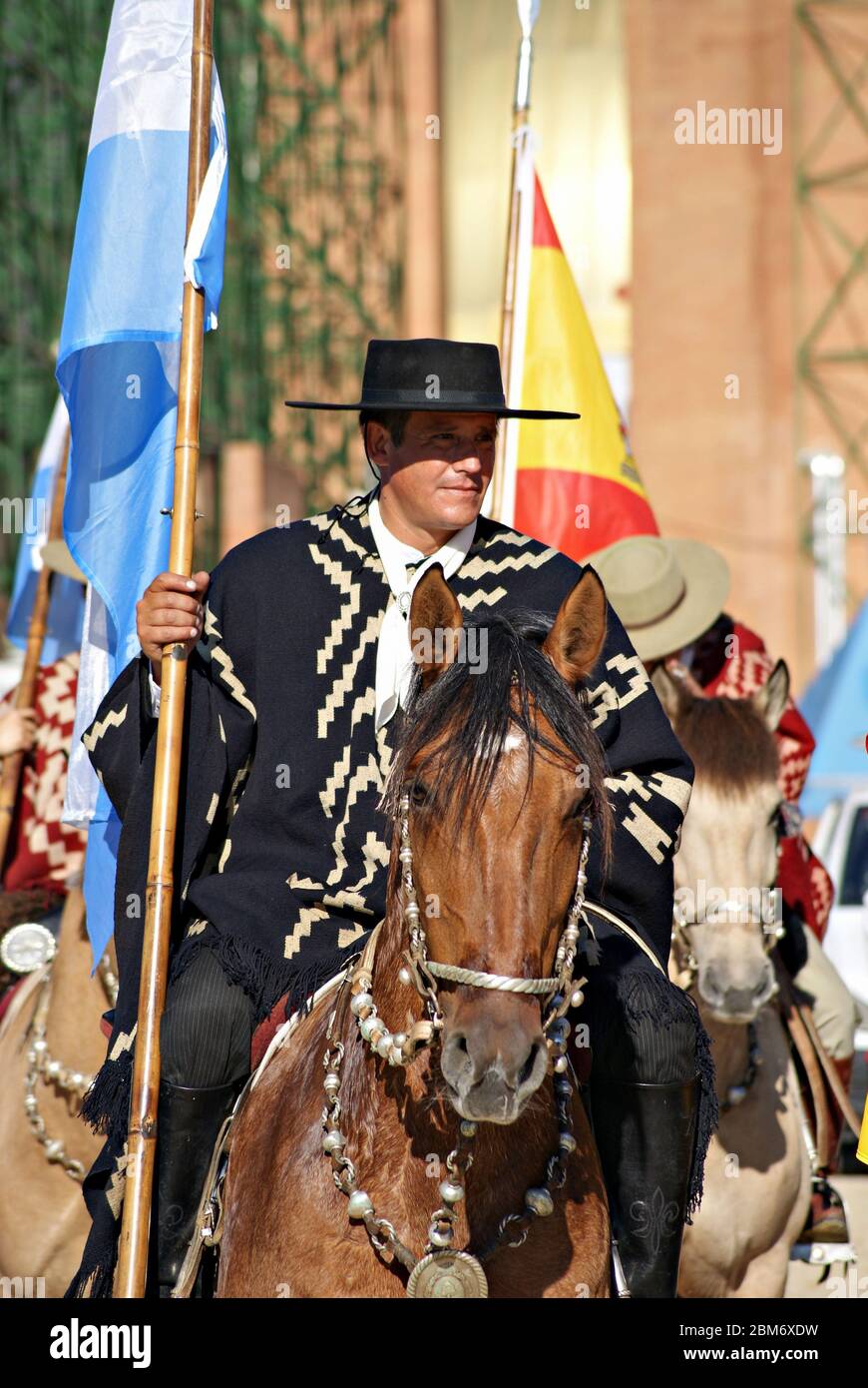 Gaucho à cheval criollo en tenue traditionnelle portant le drapeau ...