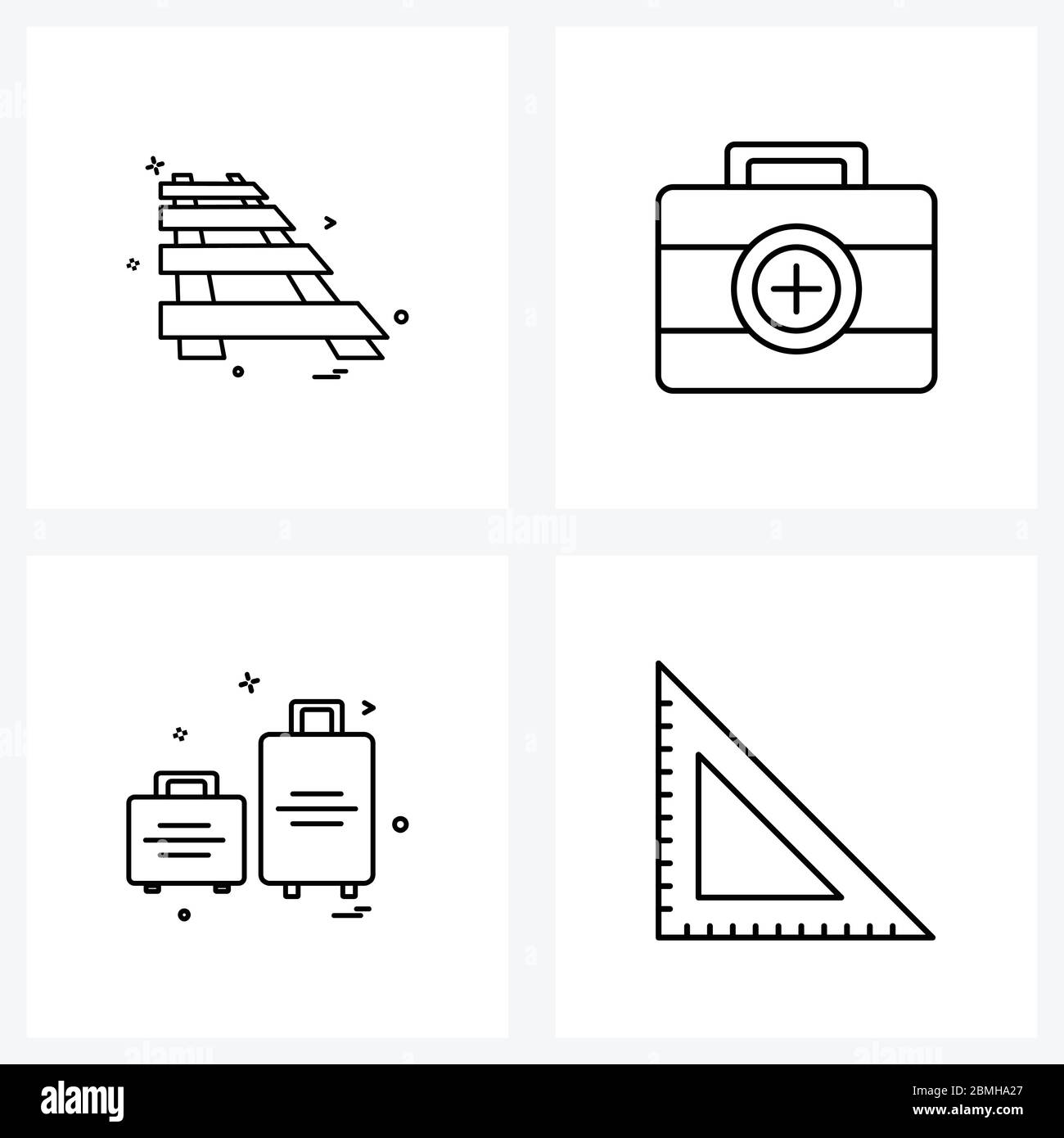 Jeu de 4 lignes de Pictographe basé sur la grille, le voyage, le sac ...