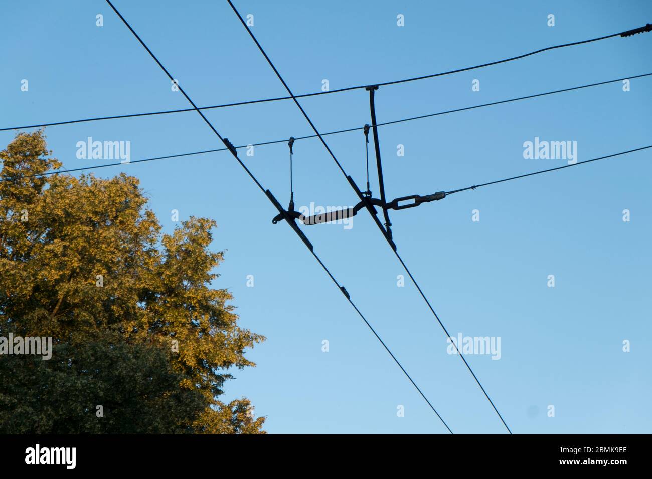 Un gros plan de tram, bus, métro, lignes électriques de tramway. À ...