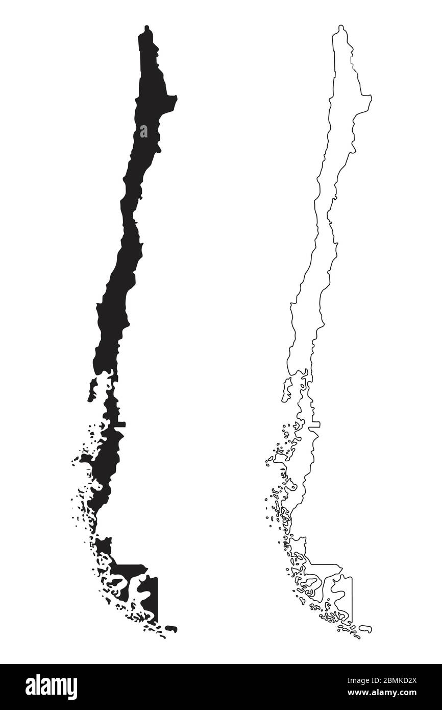 Carte du Chili. Silhouette et contour noirs isolés sur fond blanc ...