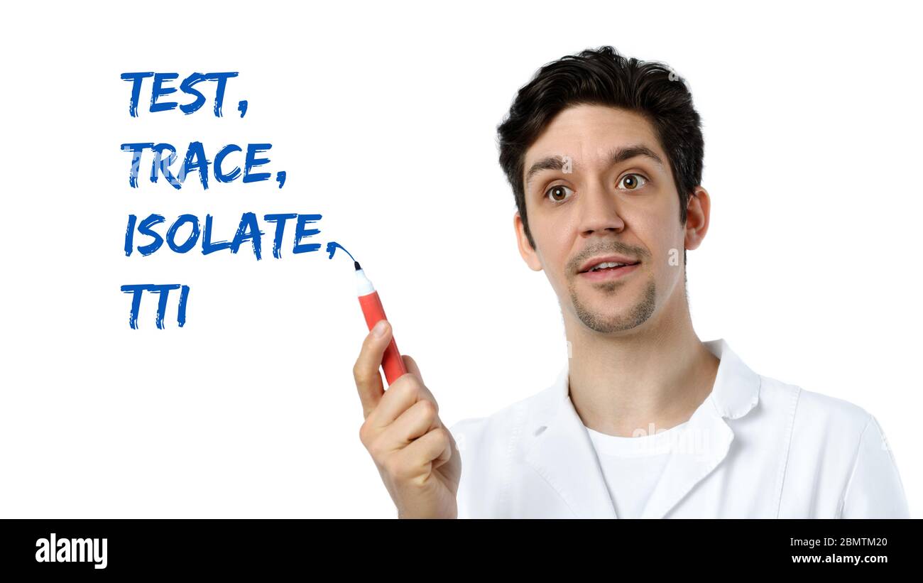 Texte « Test, Trace, Isolate, TTI » isolé sur blanc. Un jeune ...