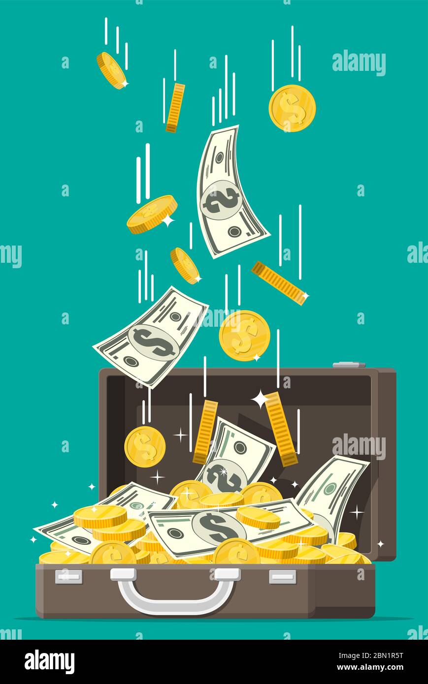 Valise en cuir ouverte pleine d'argent. Piles de billets en dollars et de pièces d'or au cas où ...