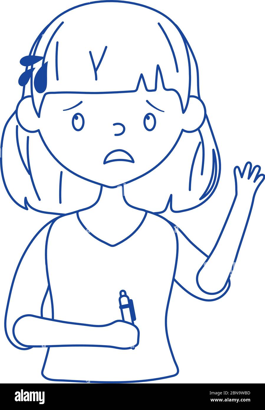 fille inquiet avec un stylo à la main dessin animé isolé icône dessin ...
