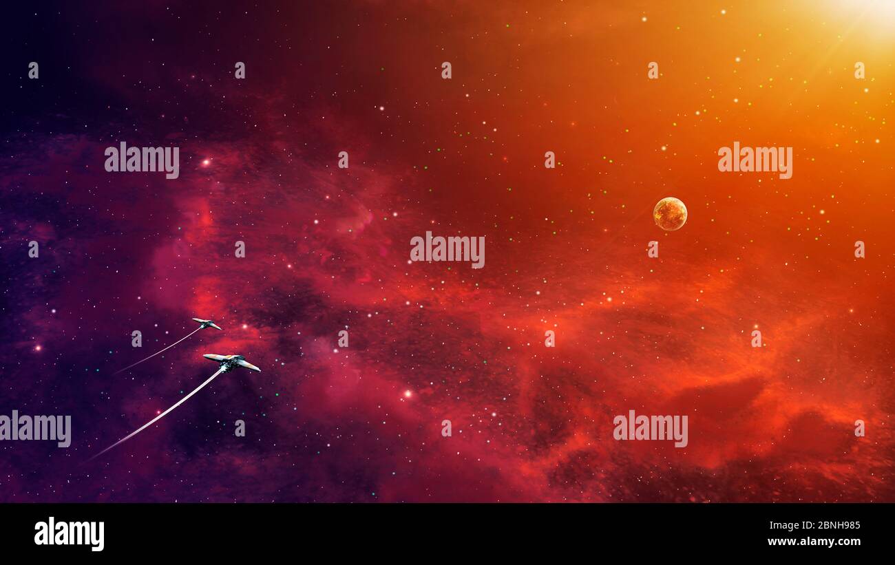 Arrière-plan d'espace. Deux vaisseaux spatiaux survolent dans la ...