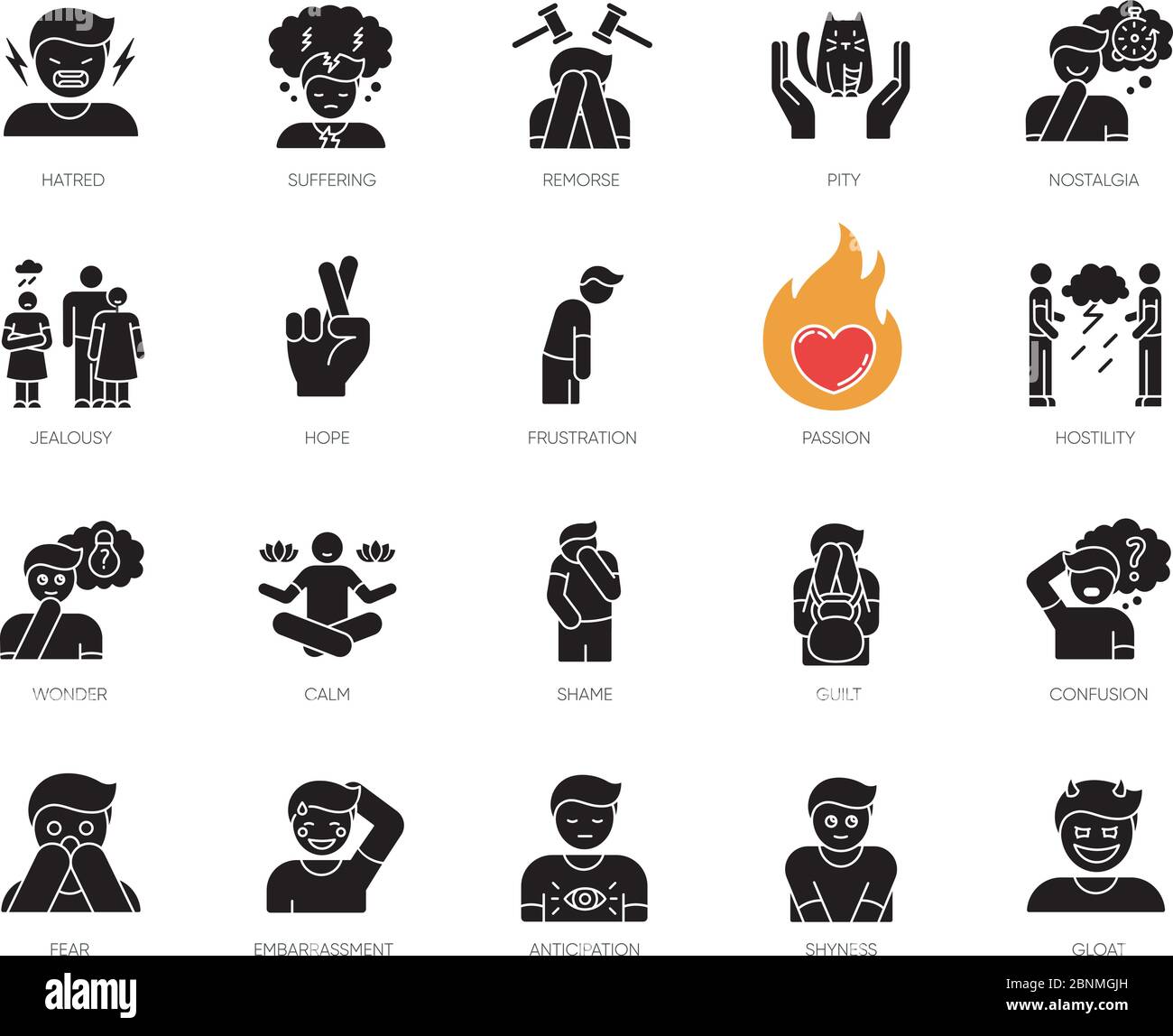 Les icônes de glyphe noir des sentiments humains sont placées sur un ...