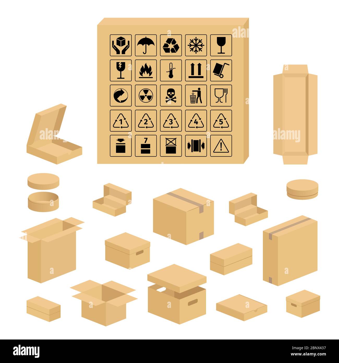Symboles d'emballage. Ensemble de boîtes en carton. Les boîtes d ...