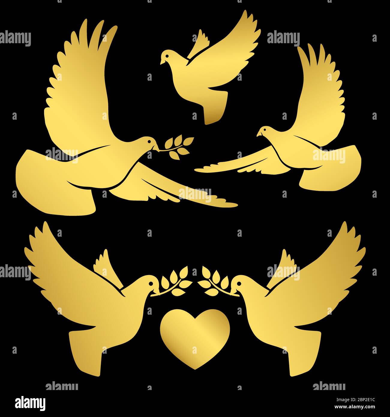 Silhouettes de colombe volantes en or sur fond noir, illustration ...