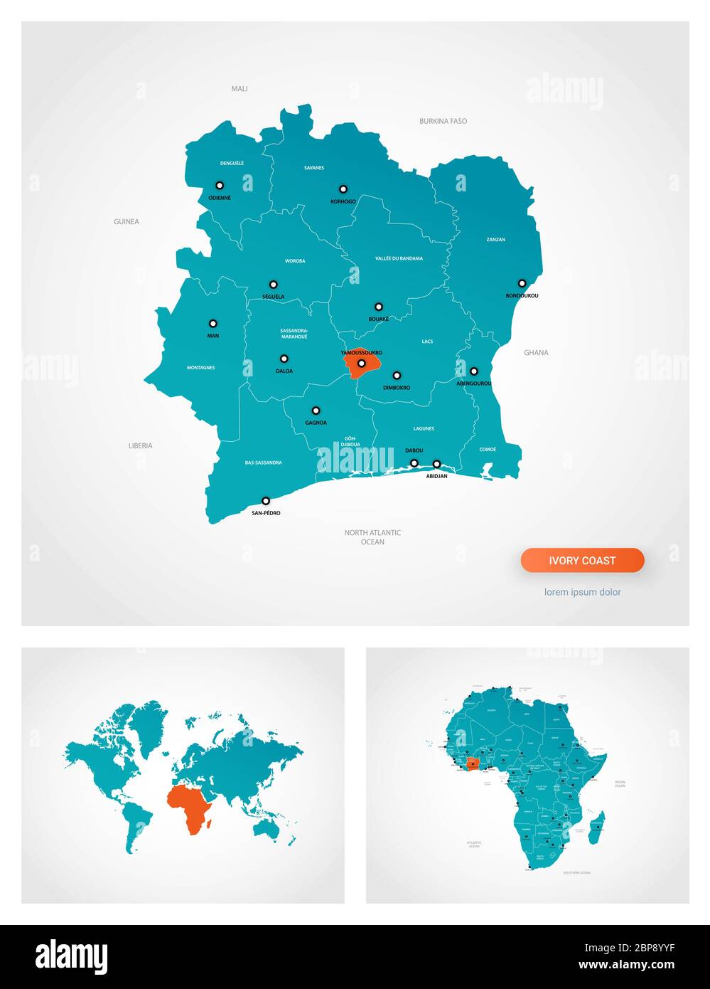 Modèle de carte modifiable de Côte d'Ivoire avec des marques. Côte d ...