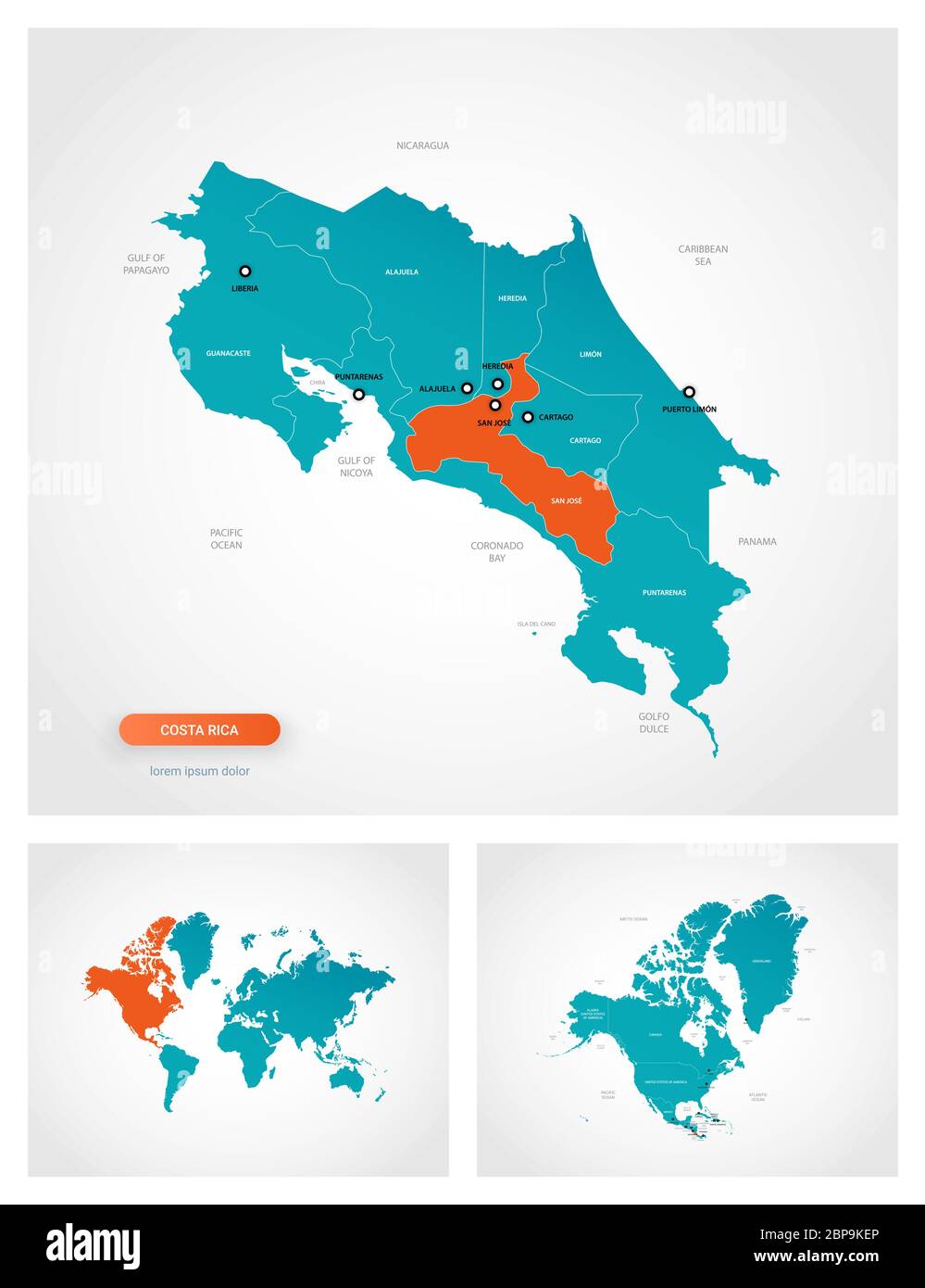 Modèle de carte modifiable du Costa Rica avec marks.Costa Rica sur la ...