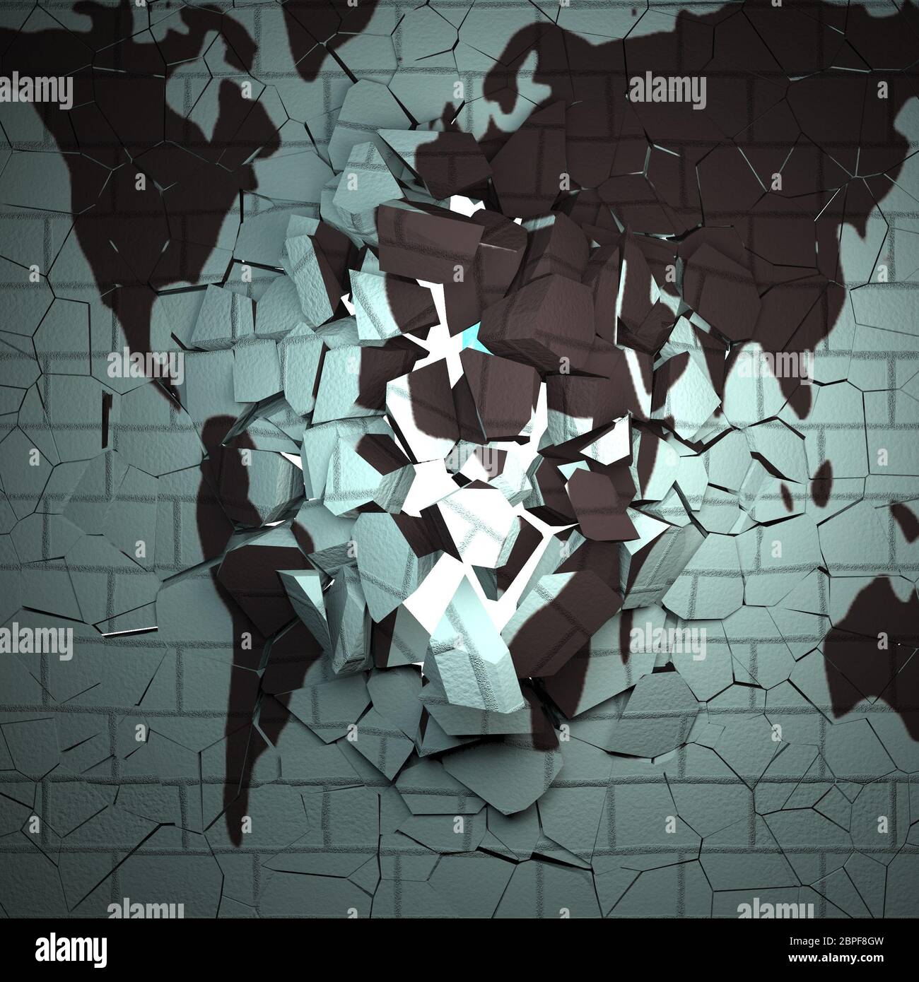 Carte du monde sur un mur de rupture, rendu 3d Photo Stock - Alamy