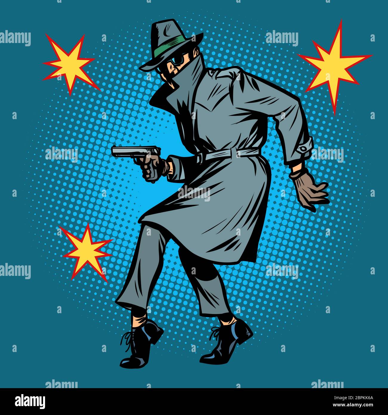 Espion détective homme avec fusil poser. Comic cartoon retro pop art ...