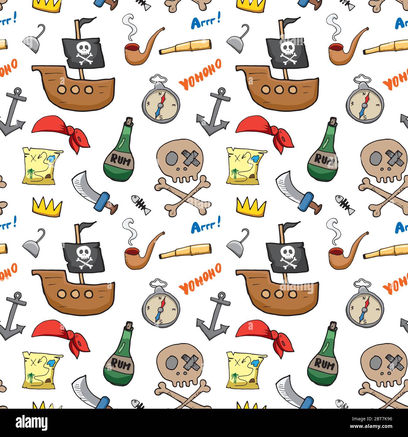 Motif pirate Doodles sans coutures. Croquis des objets pirate mignons ...